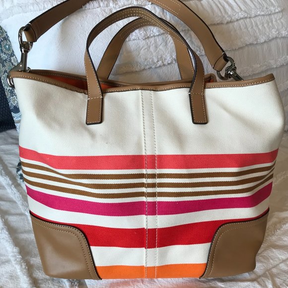 Coach | Bags | Coach Hadley Stripe Duffle Bag Pink Orange Tan | Poshmark